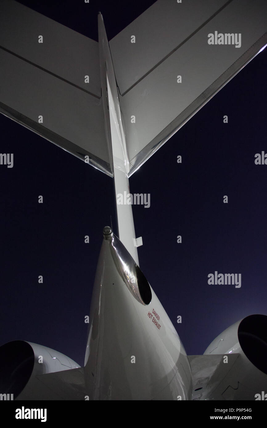 A vertical image of a Hawker 4000 executive jet airplane's tail section ...