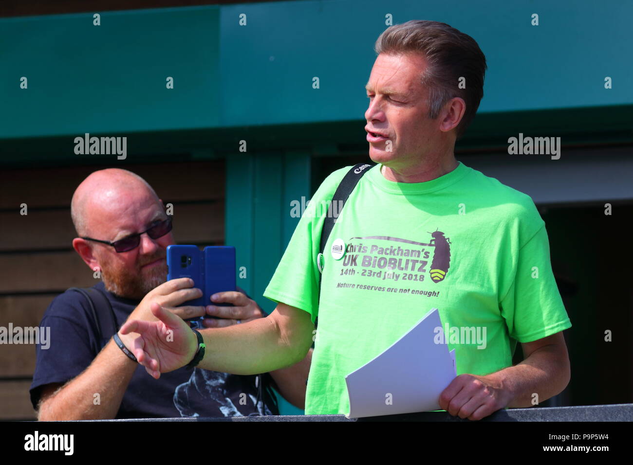Chris Packham gives a speech during a visit to RSPB Fairburn Ings on ...