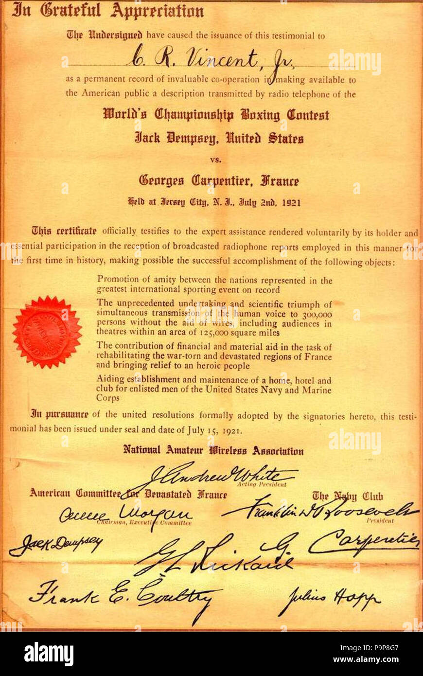 39 1921 WJY broadcast participation certificate Stock Photo - Alamy