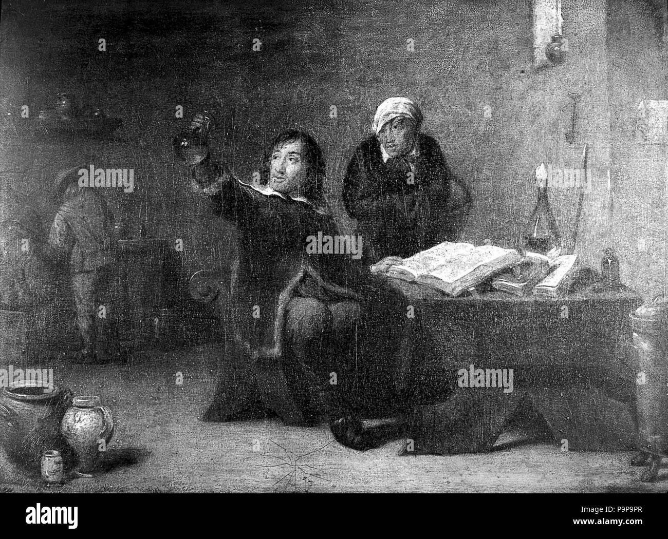 A medical practitioner examining a urine flask. Oil painting Wellcome ...