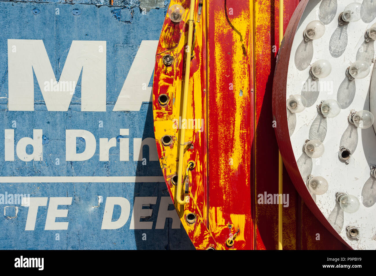 Close-up details of old signs with vintage light bulbs, metal letters ...