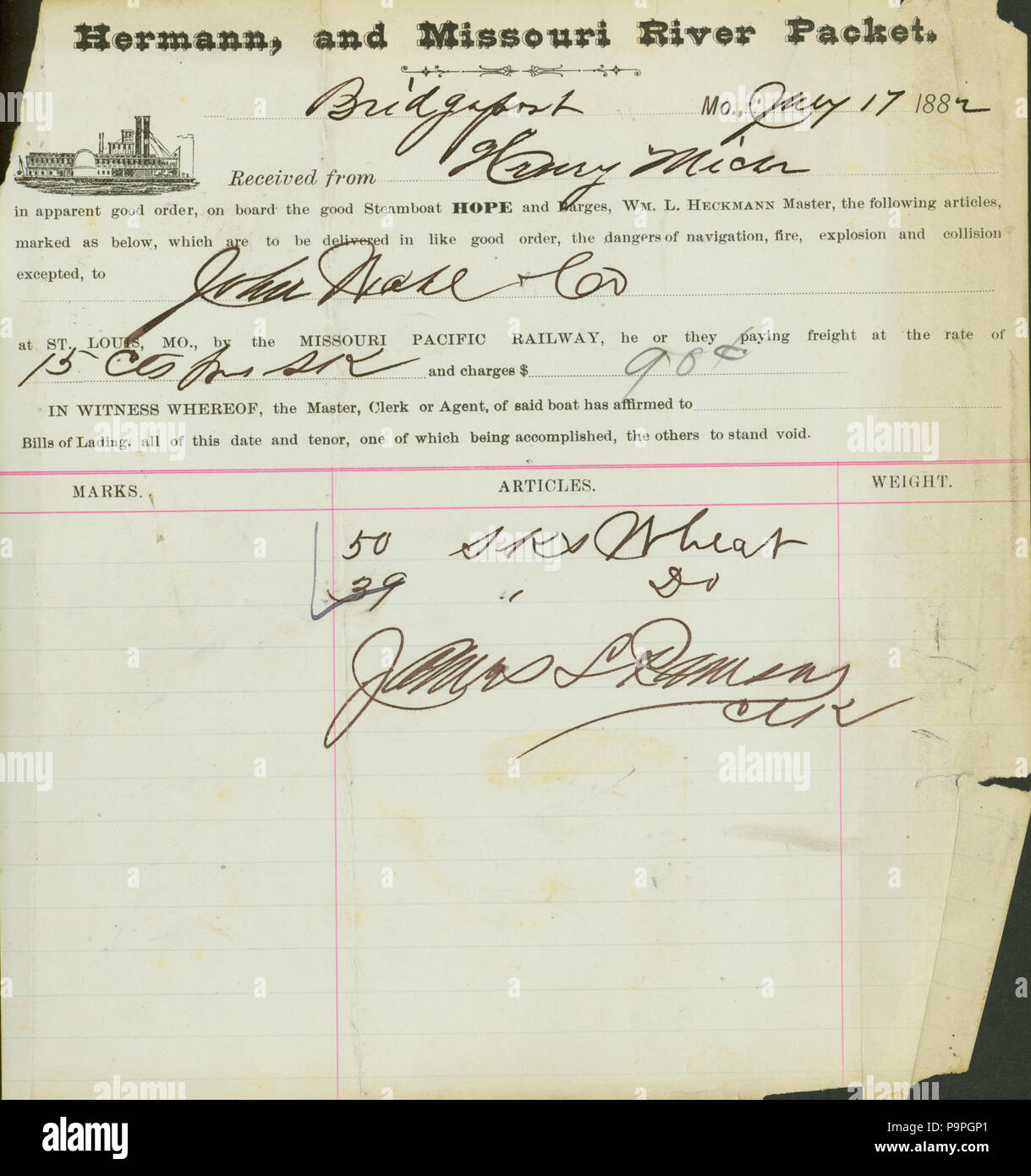 203 Bill of lading, steamboat Hope, Hermann and Missouri River Packet ...