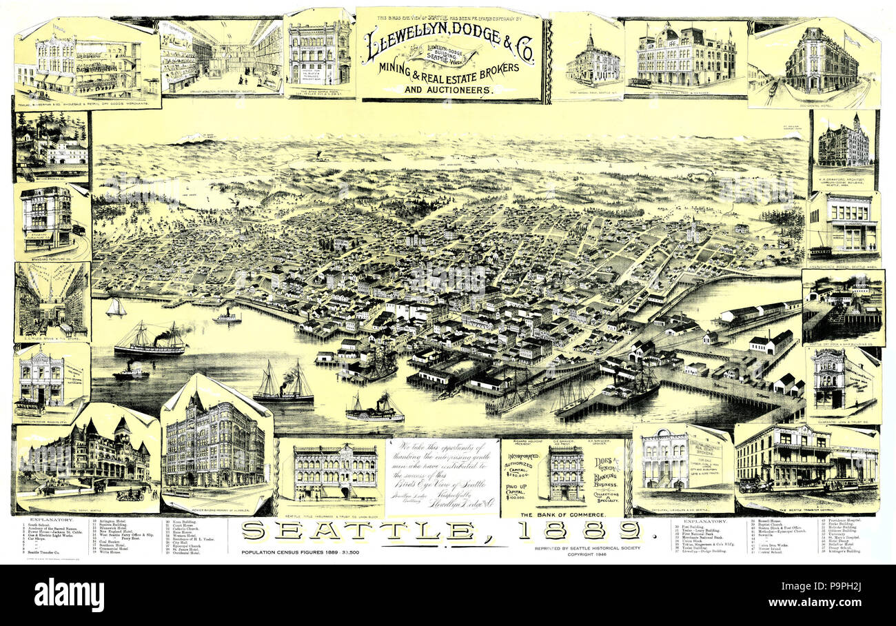 205 Bird's Eye Map of Seattle 1889 (5276164889 Stock Photo - Alamy