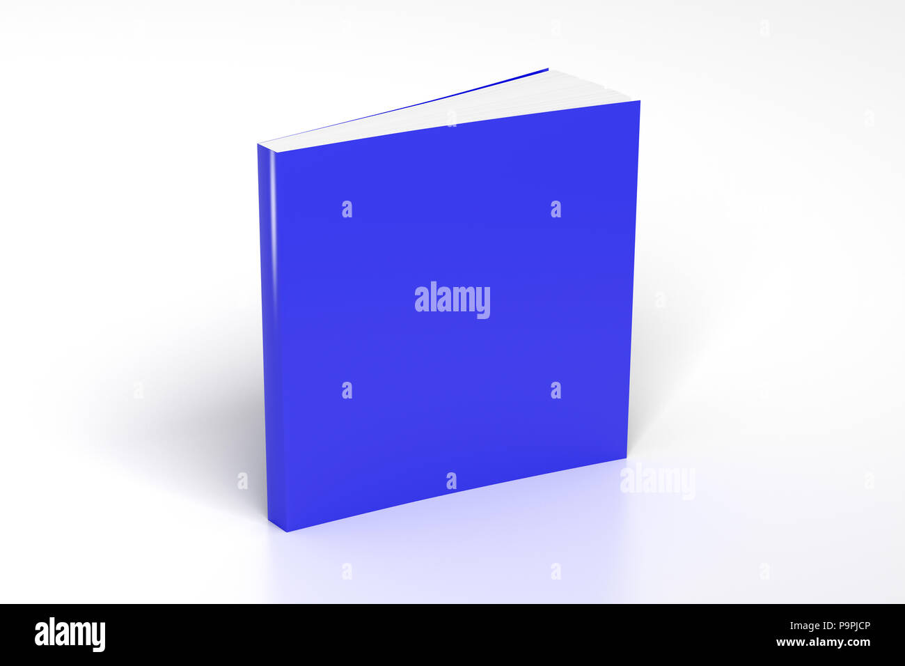 Blank blue square soft cover book standing on white background. Isolated with clipping path ...