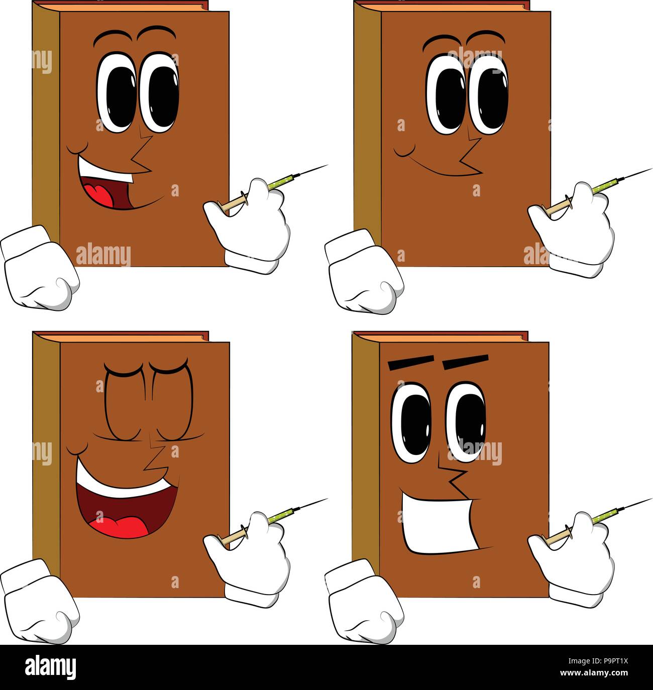 Books with medical injection in hand. Cartoon book collection with ...