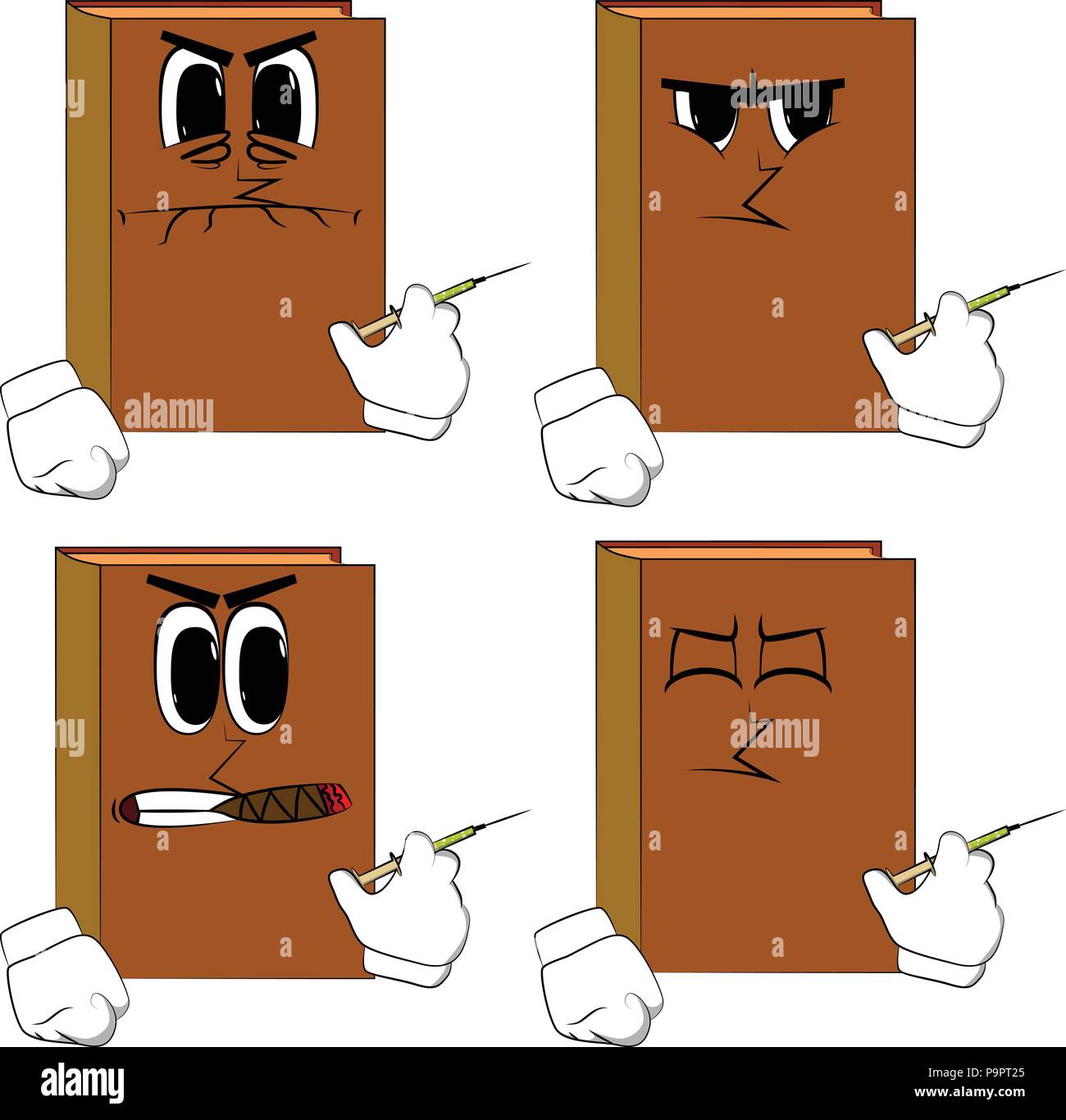 Books with medical injection in hand. Cartoon book collection with ...