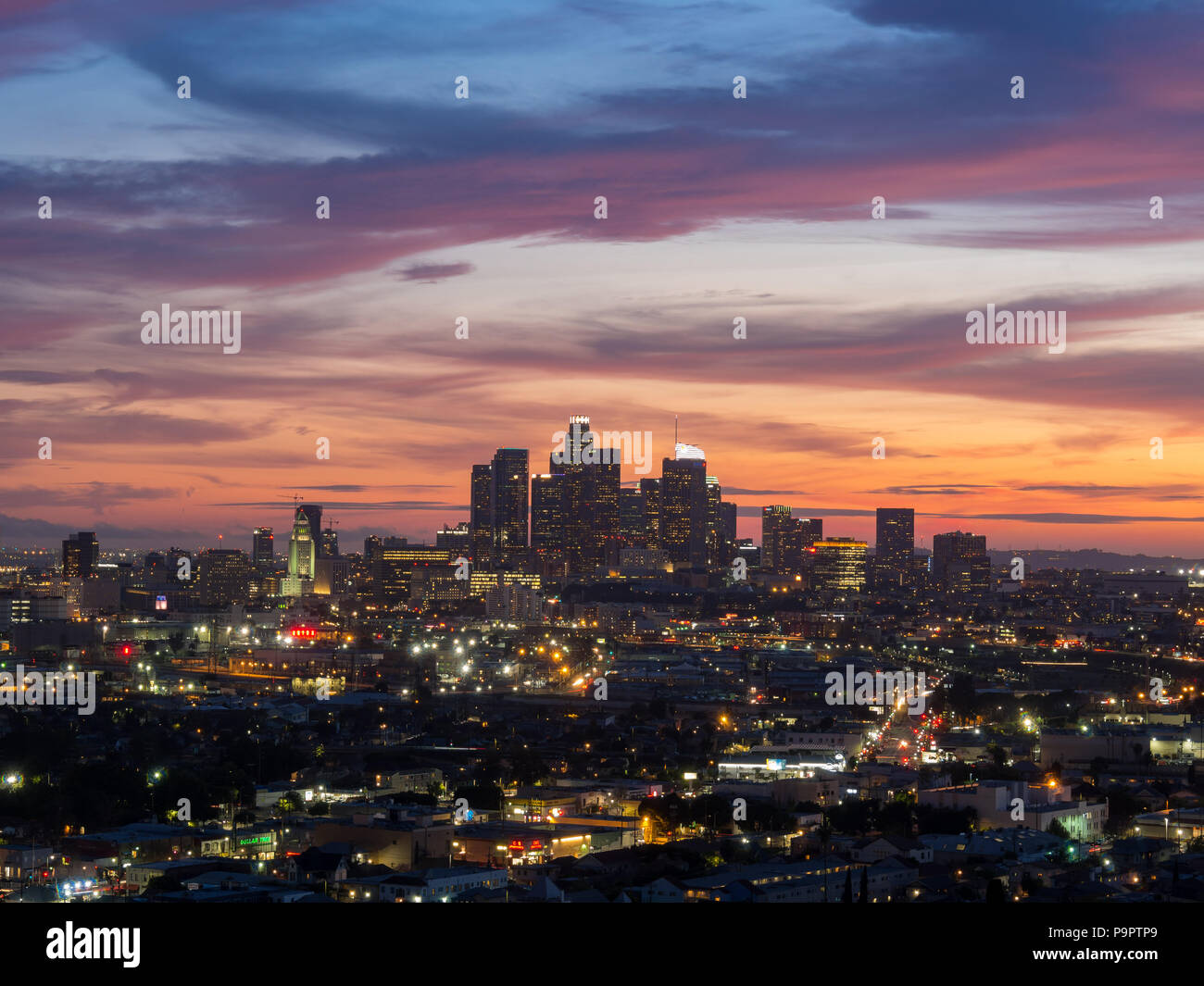 Sunset view of the beautiful Los Angeles skyline, California Stock ...