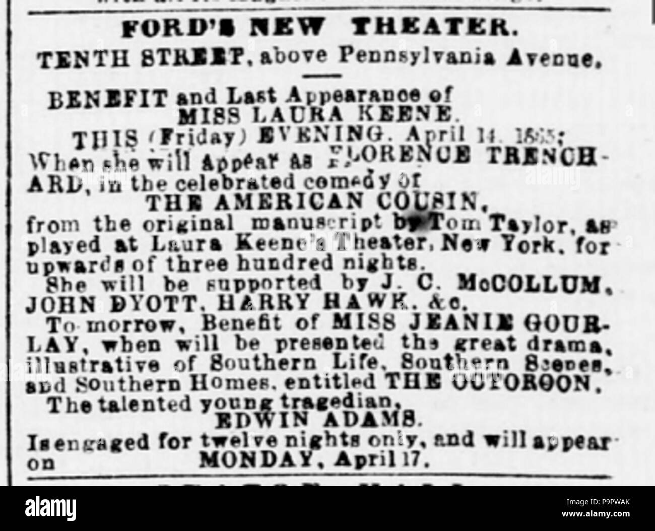123 American Cousin Evening Star Apr 14 1865 Stock Photo - Alamy