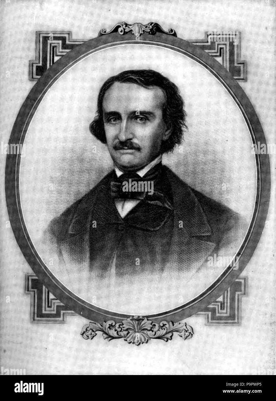 . Portrait of United States author Edgar Allan Poe in an oval format ...