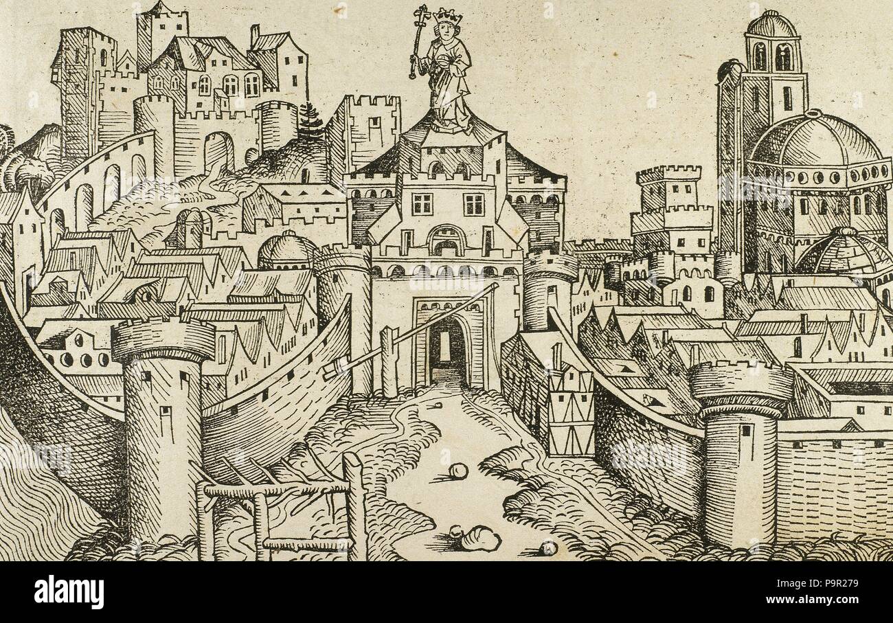 Greece. Corinth. Tiberias. Engraving. Liber Chronicarum de Hartmann ...