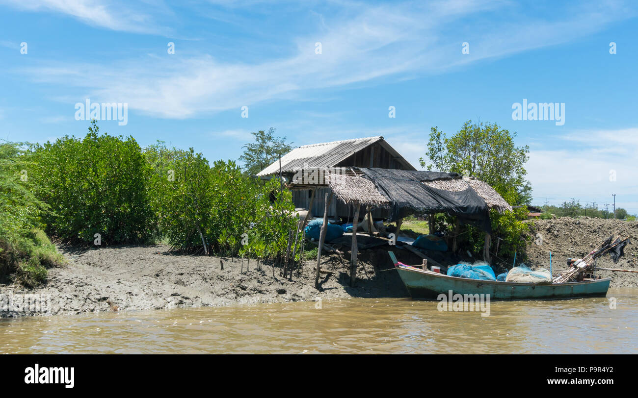 Fishing village and fishing boat at Khao Dang village. Old home and ...