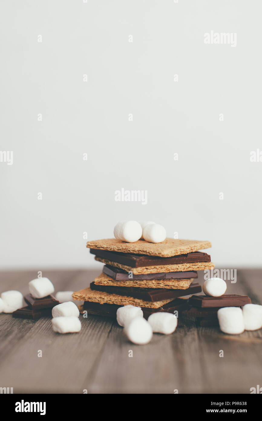 Stack of s'mores ingredients on a wooden table top Stock Photo - Alamy
