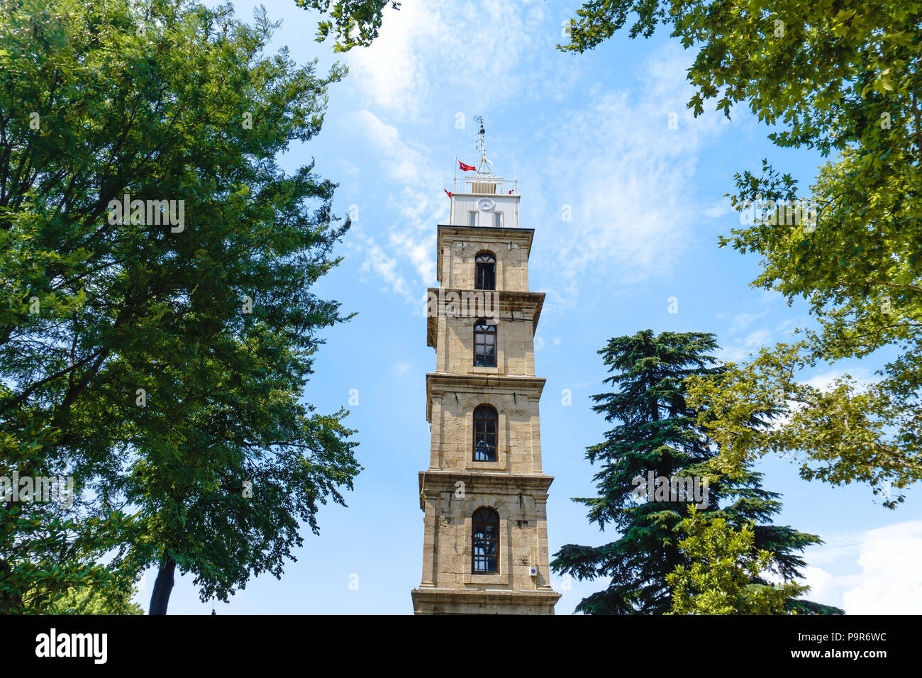 Historical clock tower in Bursa which have Osman and Orhan Gazi tombs ...
