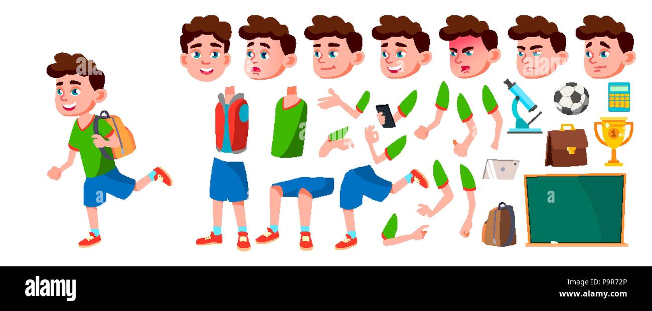 Boy Schoolboy Kid Vector. Primary School Child. Animation Creation Set ...