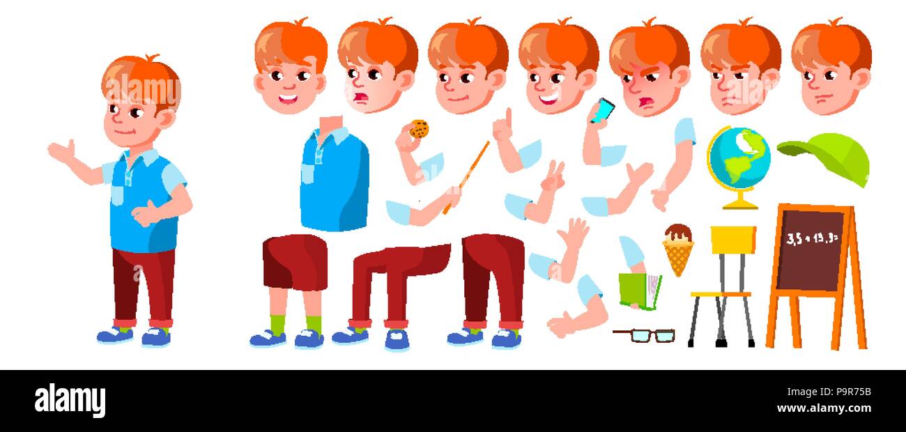 Boy Schoolboy Kid Vector. Primary School Child. Animation Creation Set ...