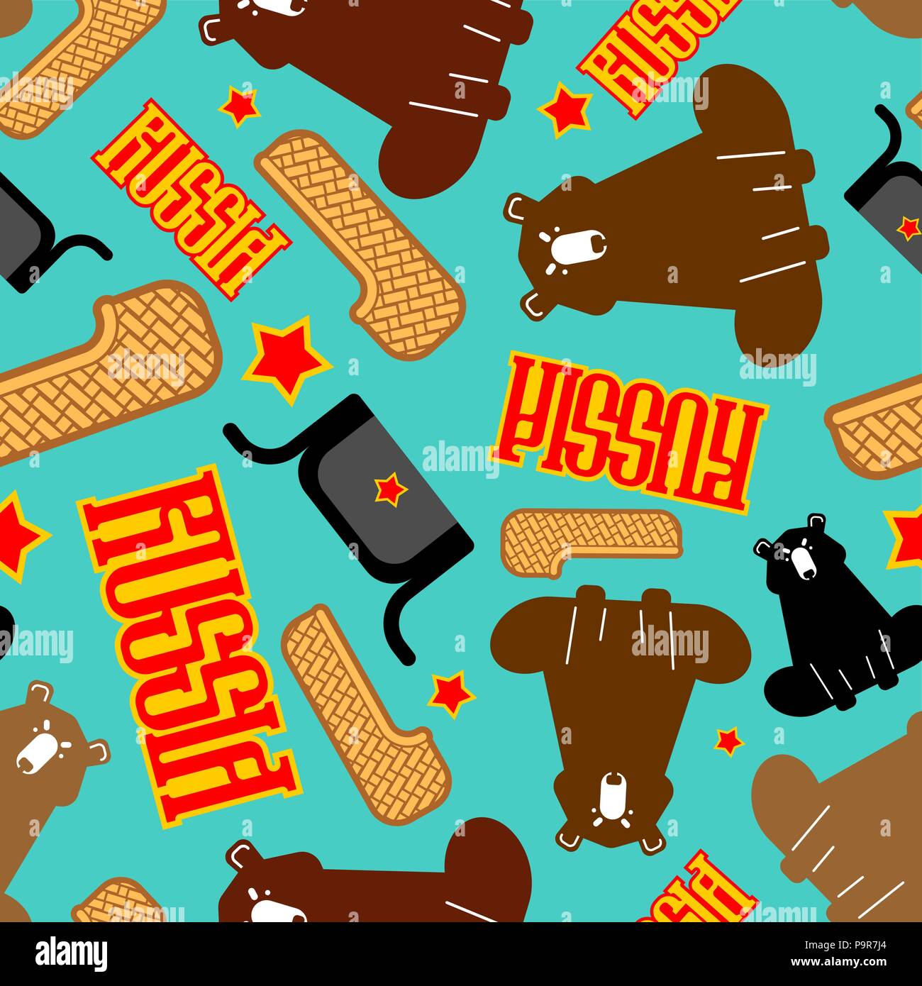Russia pattern. Bast shoes and bear. Ushanka and red star. Russian ...