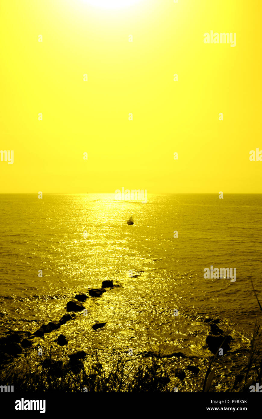Summer minimalist background, yellow monochromatic glittering sunset on ...