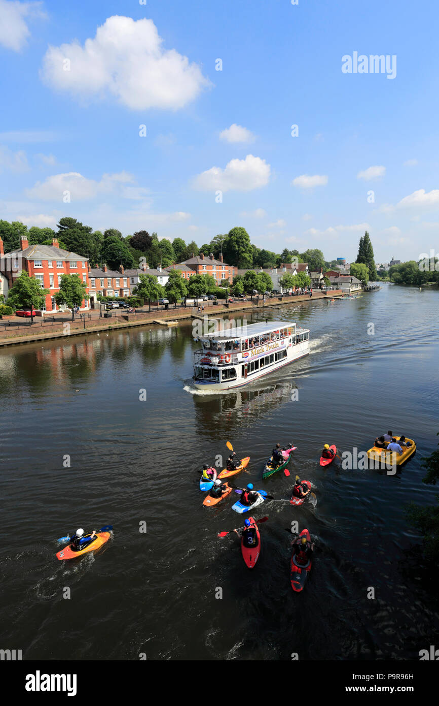 People and boats at the River Dee Embankment, Chester City, Cheshire ...