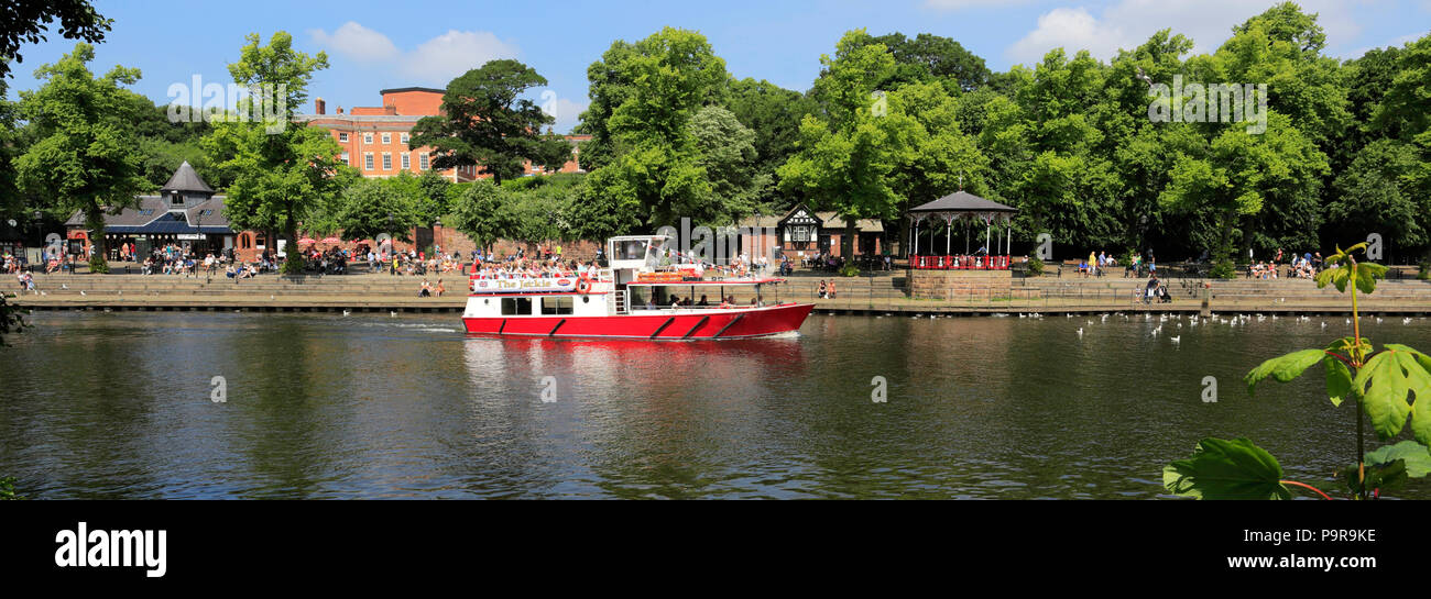 People and boats at the River Dee Embankment, Chester City, Cheshire ...