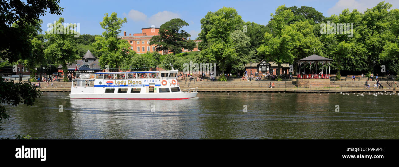 People and boats at the River Dee Embankment, Chester City, Cheshire ...