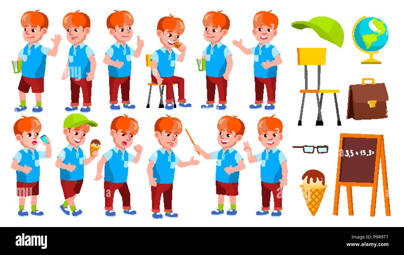 Boy Schoolboy Kid Poses Set Vector. Primary School Child. Beautiful Kid ...