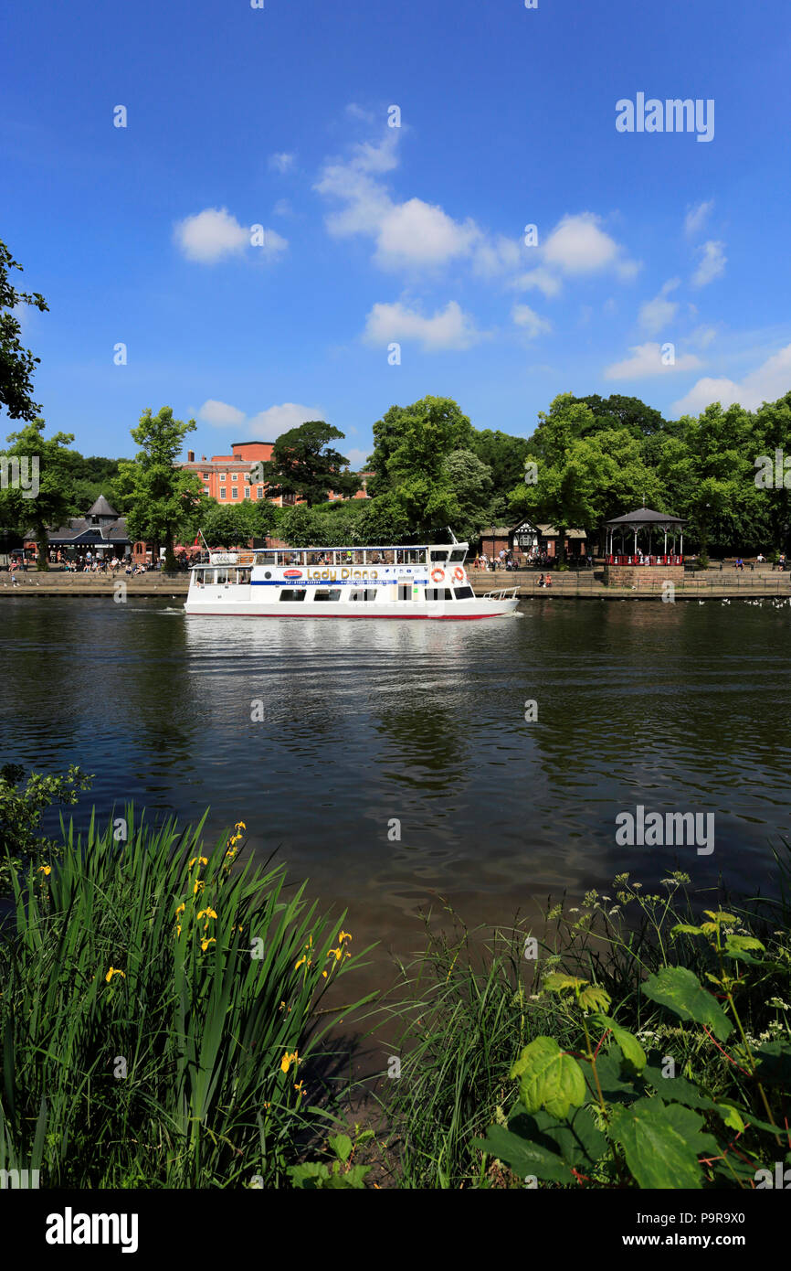 People and boats at the River Dee Embankment, Chester City, Cheshire ...
