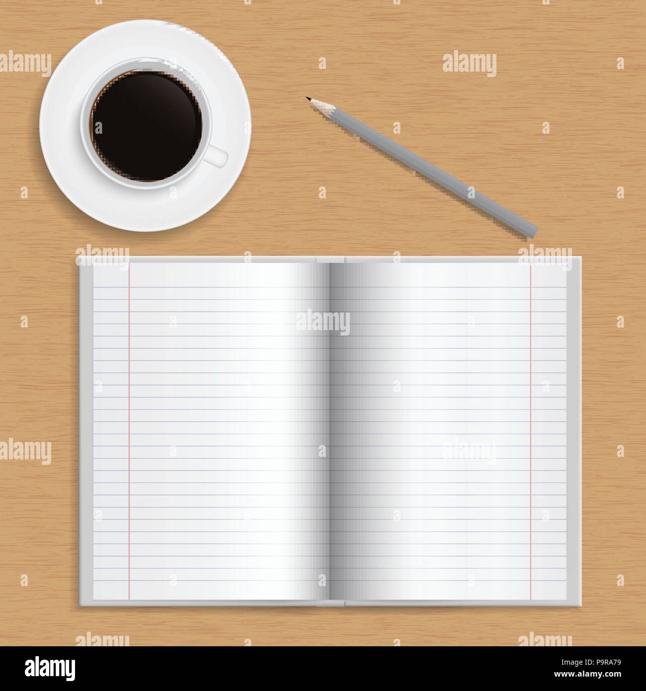 Realistic open school notebook with lined paper, pencil and a cup of ...