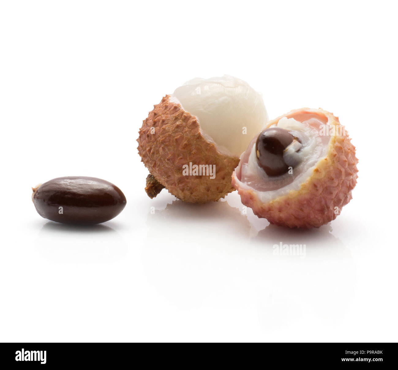 Lychee stack isolated on white background ripe pink fresh two berries ...