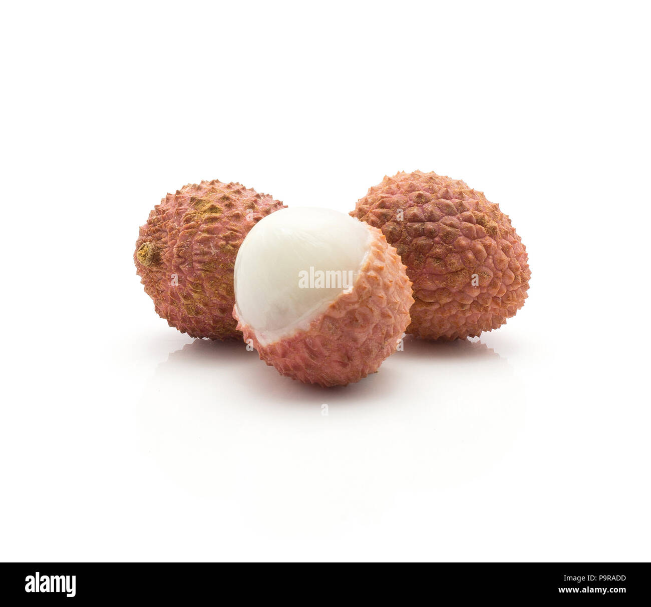 Three peel lychee isolated on white background ripe pink fresh berries ...
