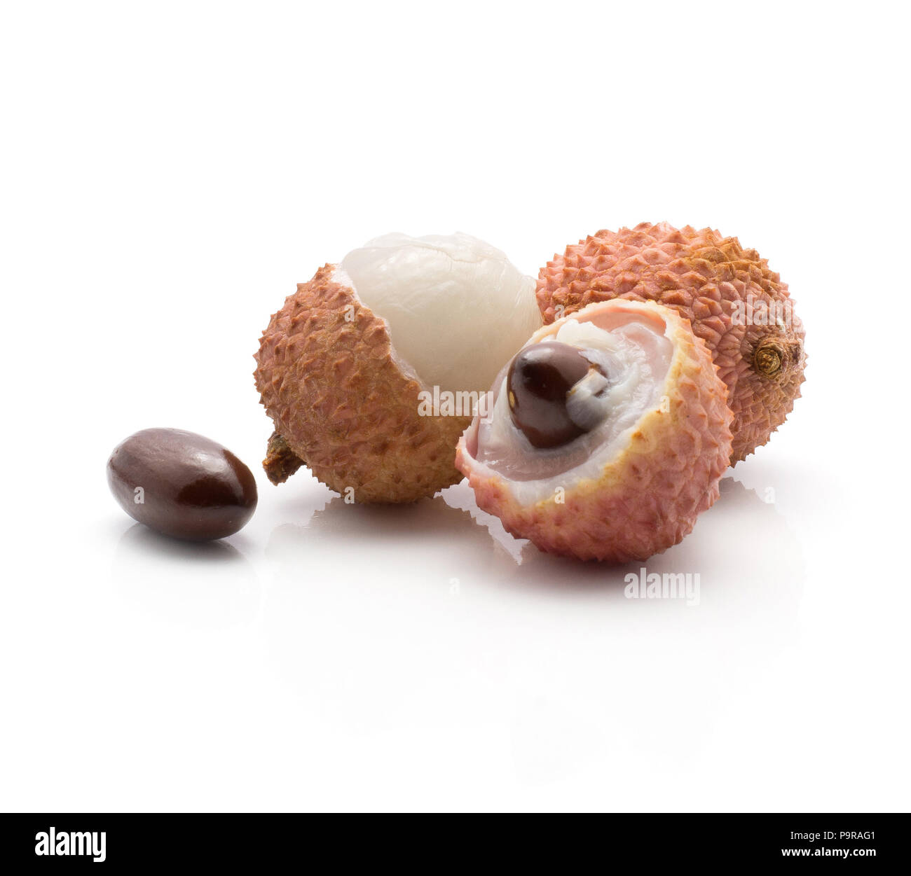 Lychee stack isolated on white background ripe pink three berries peel ...