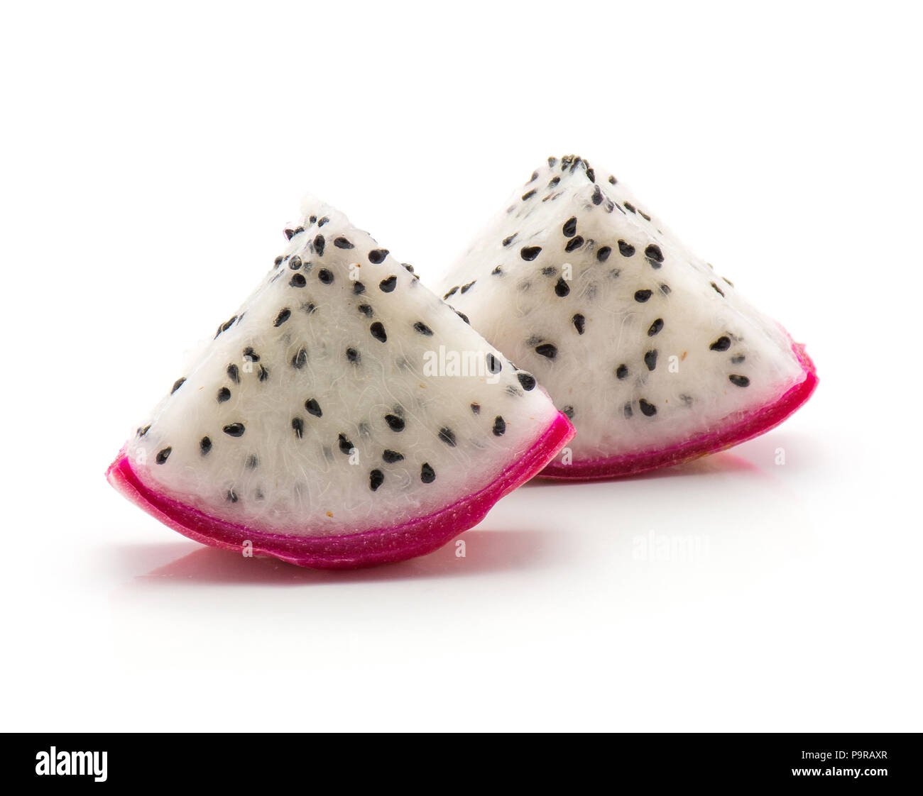 Two dragon fruit (Pitaya, Pitahaya) pieces isolated on white background ...