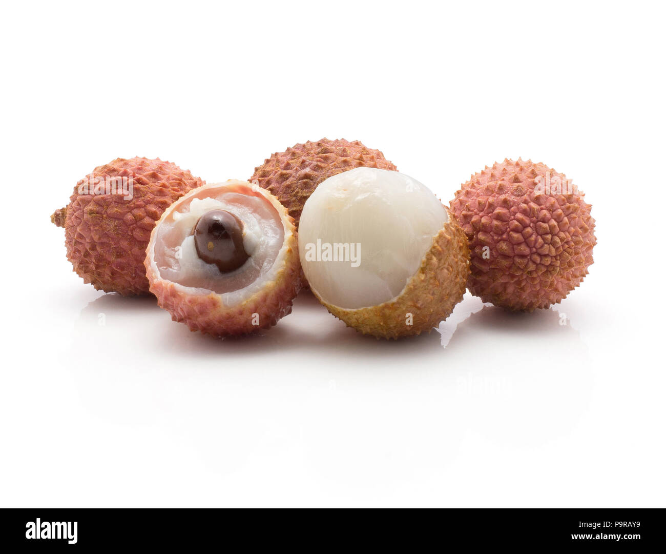 Five lychee isolated on white background ripe pink fresh berries two ...