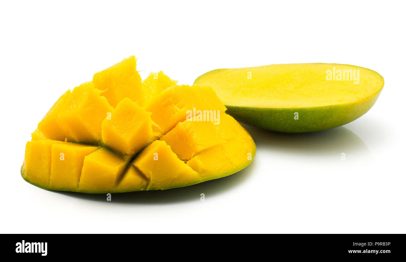 Sliced mango hedgehog shape isolated on white background two halves ...