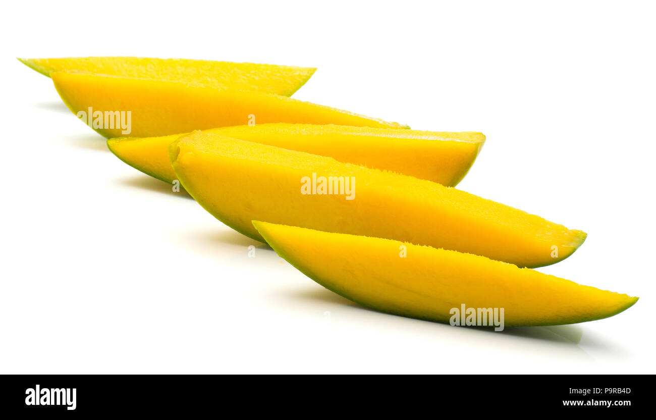 Five mango slices isolated on white background Stock Photo - Alamy