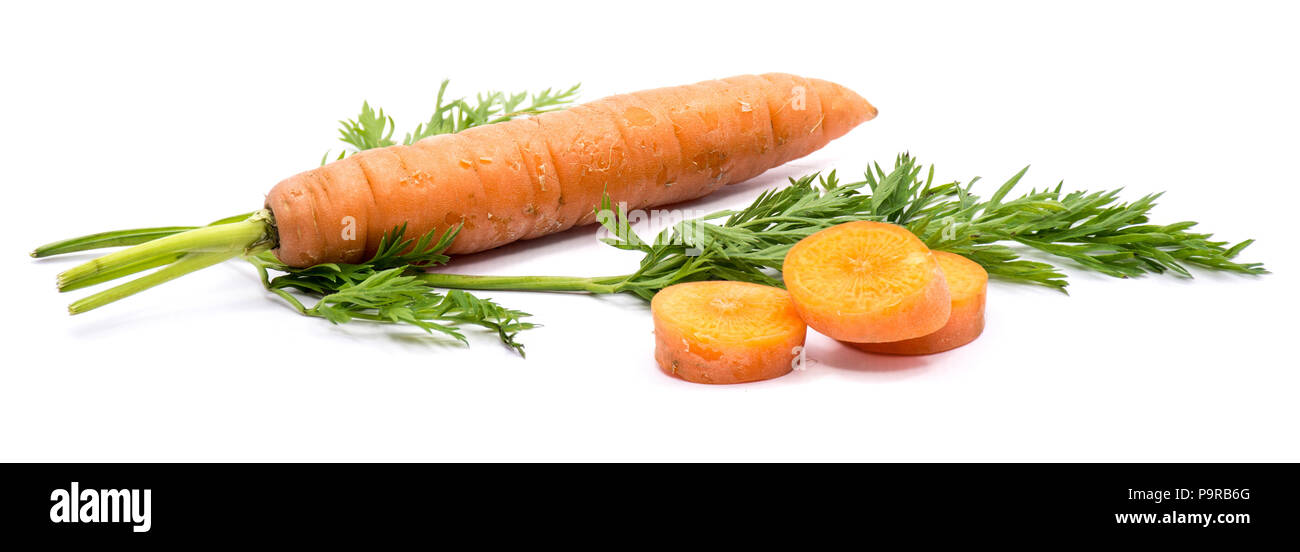 Group of sliced round orange carrot circles with fresh green leaf and ...
