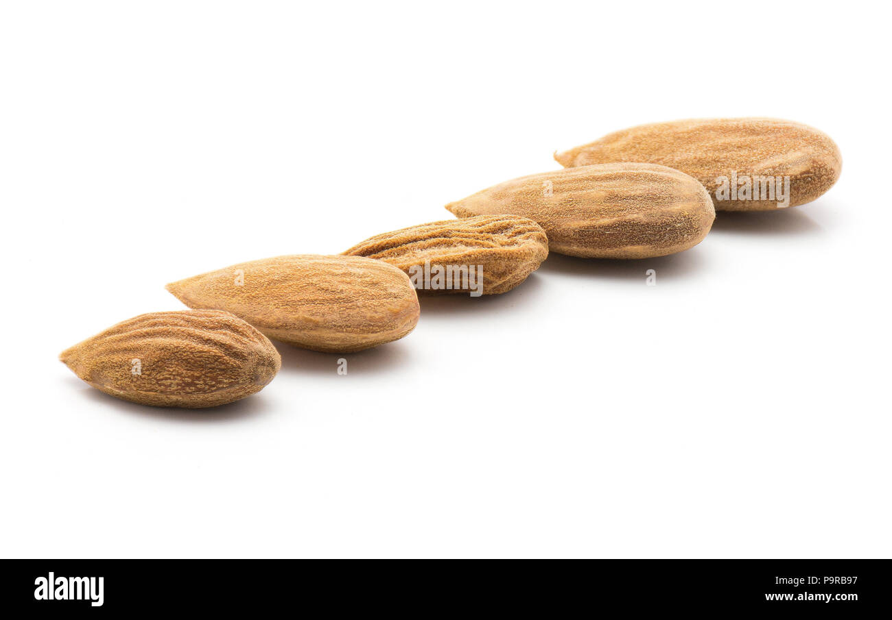 Five shelled almonds in row isolated on white background raw whole ...