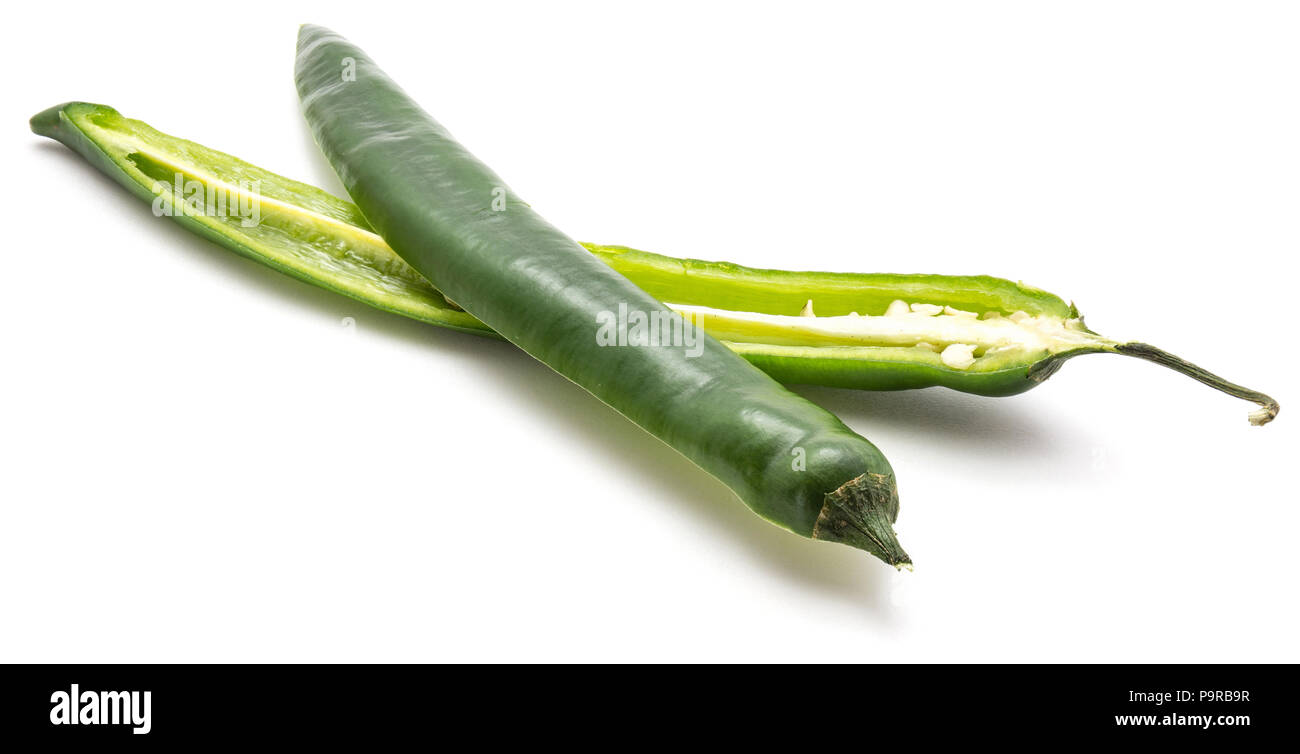 Green Chili pepper, two halves, isolated on white background Stock ...