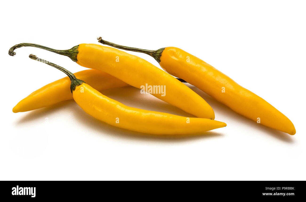 Group of four whole yellow Chili peppers isolated on white background ...