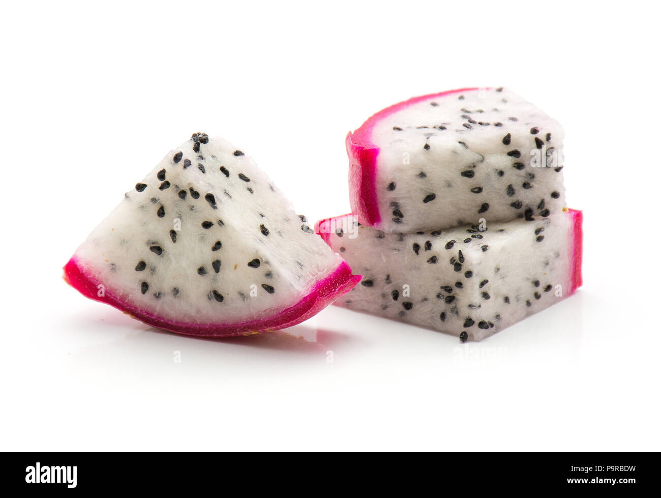 Three dragon fruit (Pitaya, Pitahaya) pieces isolated on white ...