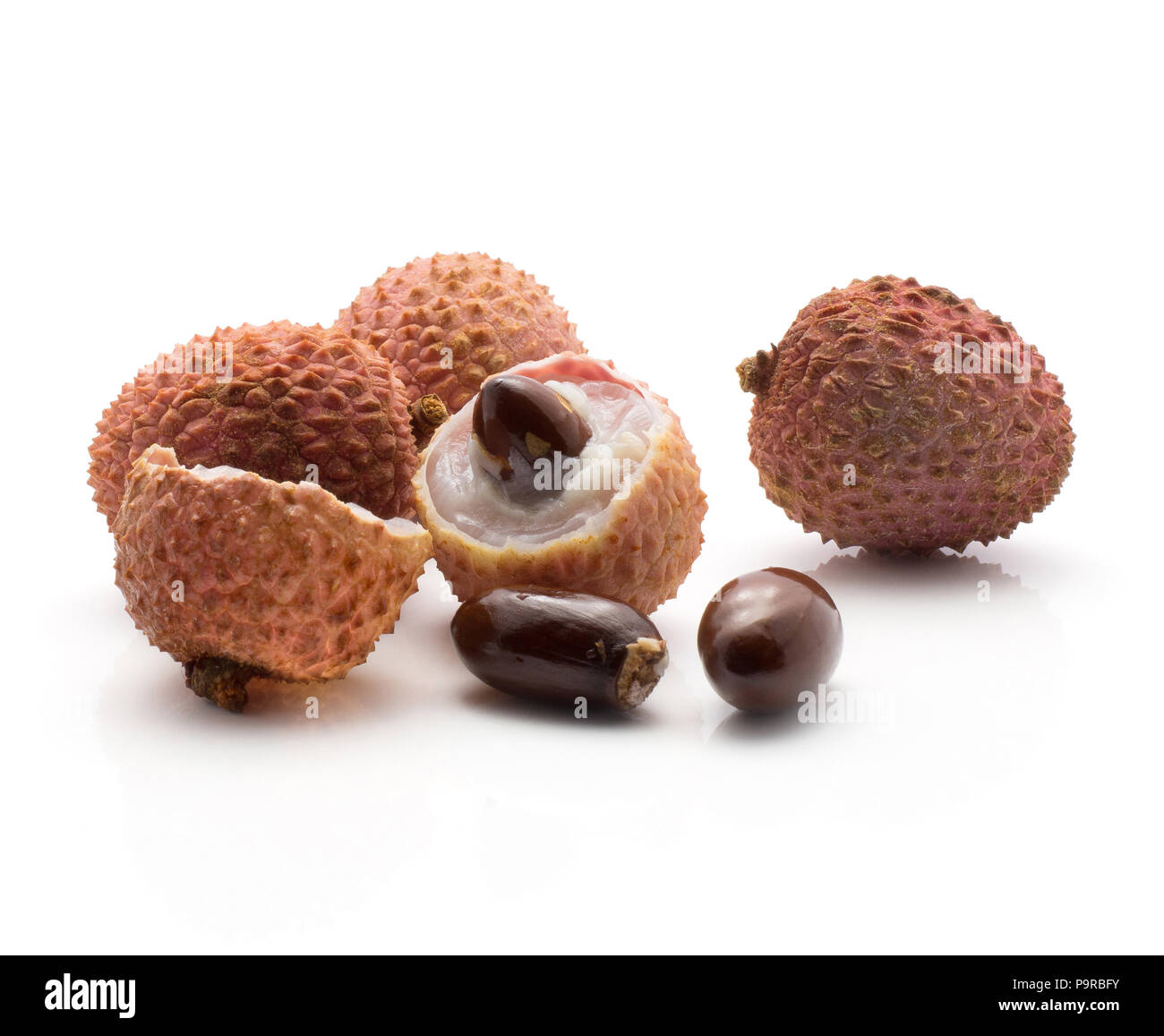 Lychee berries stack isolated on white background ripe pink fresh three ...