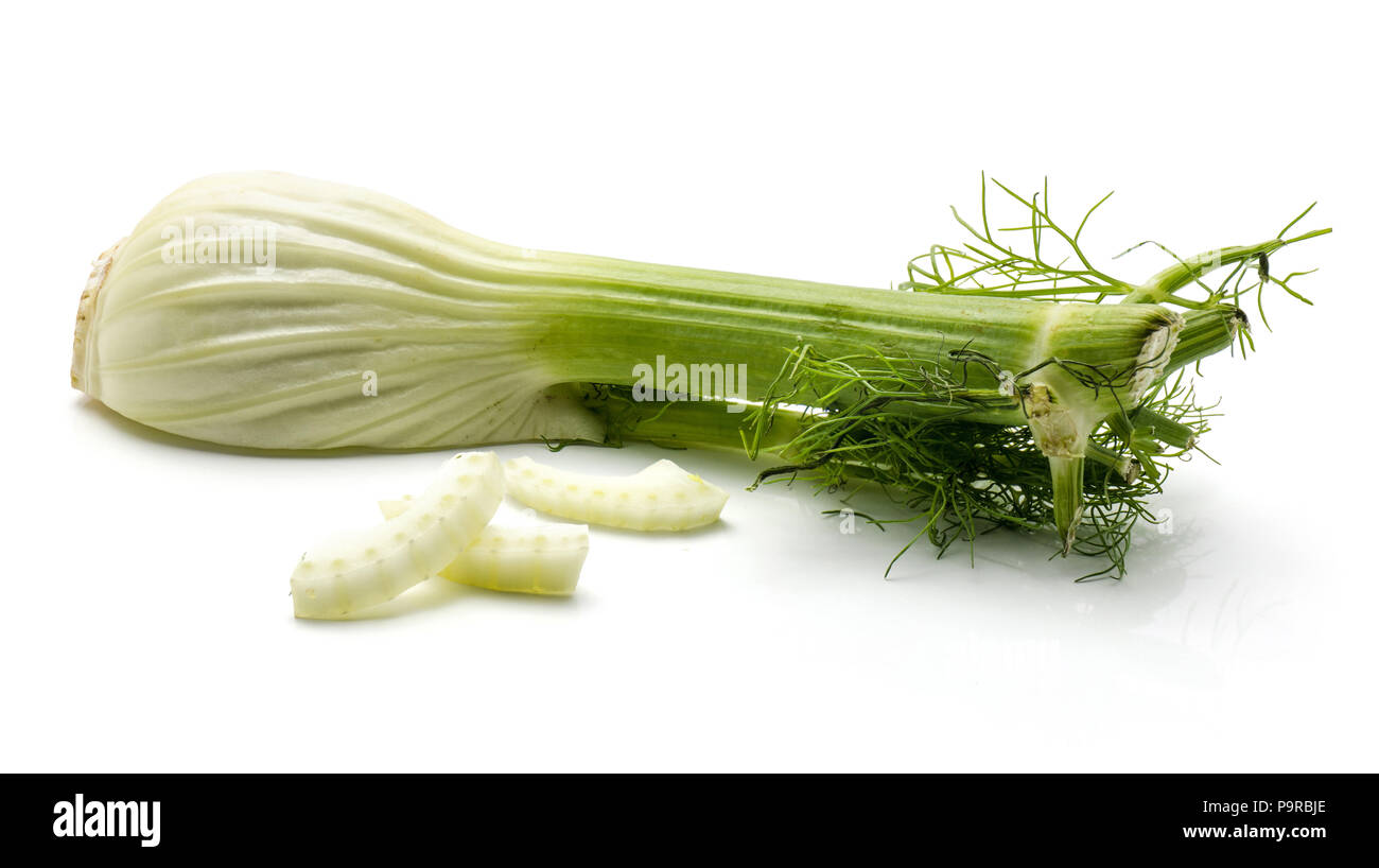 Sliced florence fennel isolated on white background one quarter and ...