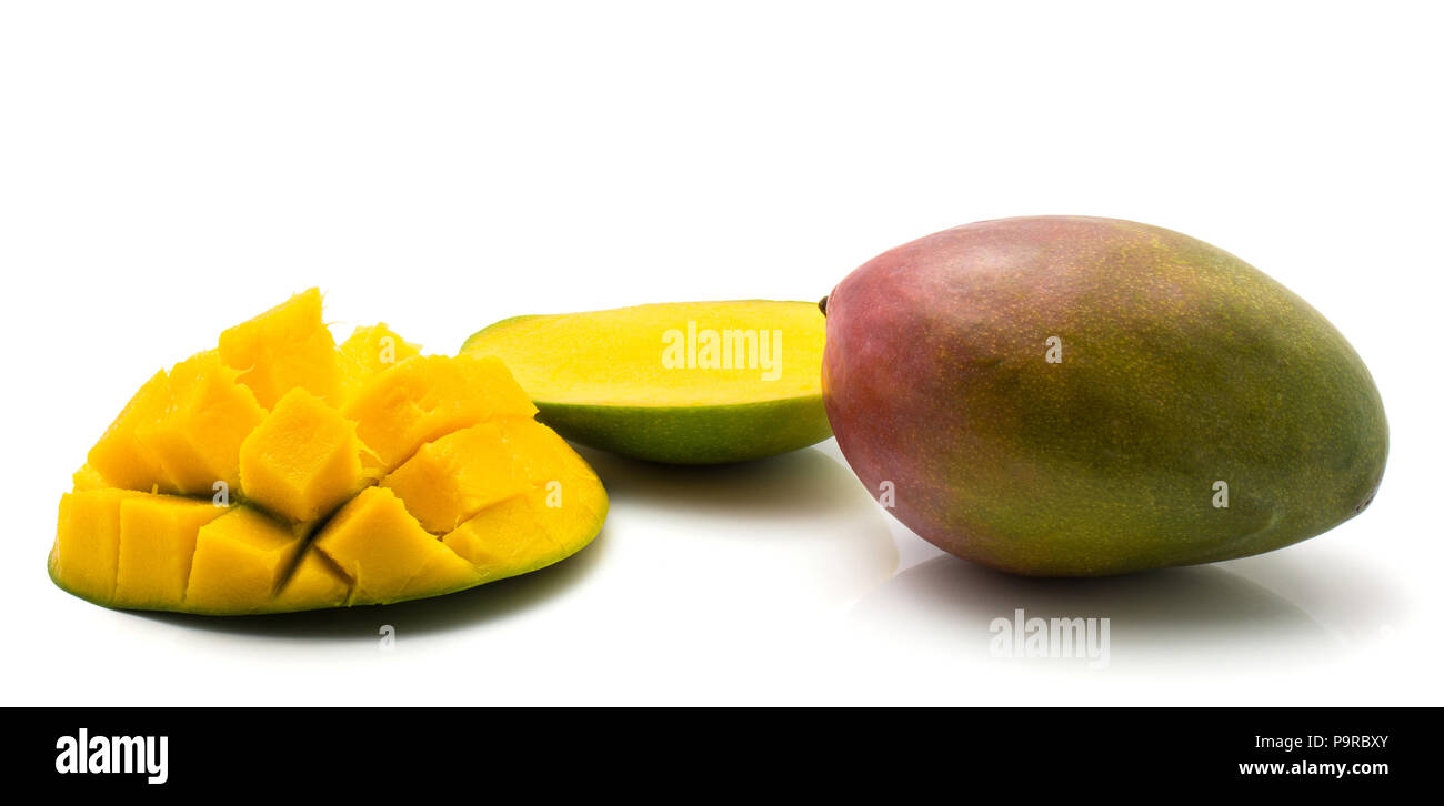Sliced mango hedgehog shape isolated on white background two halves one ...
