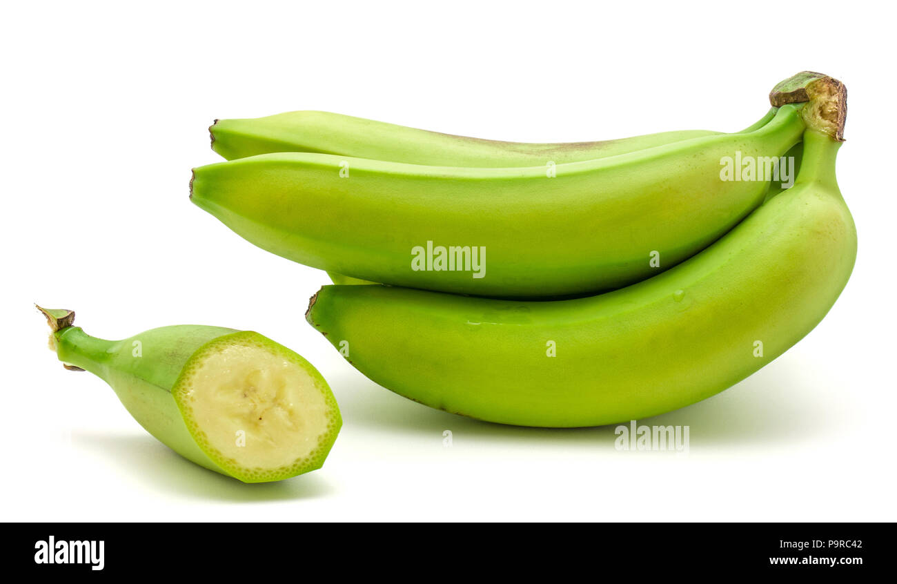 One plantain cluster and one cut slice isolated on white background ...