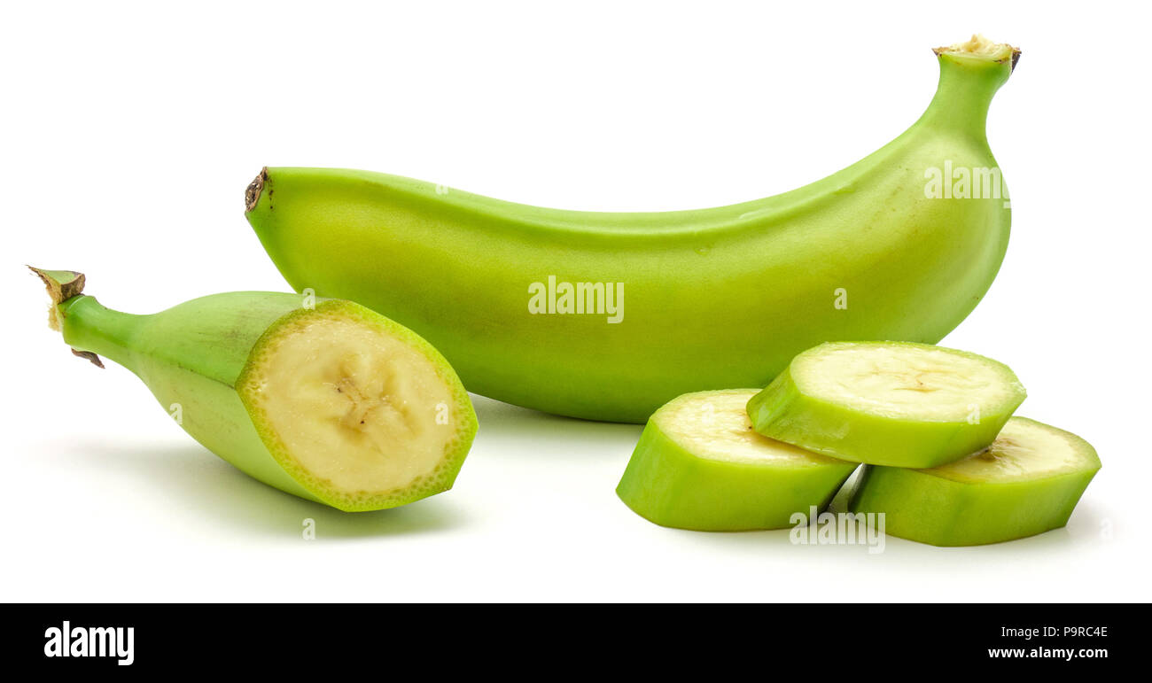 One whole plantain and three slices isolated on white background Stock ...