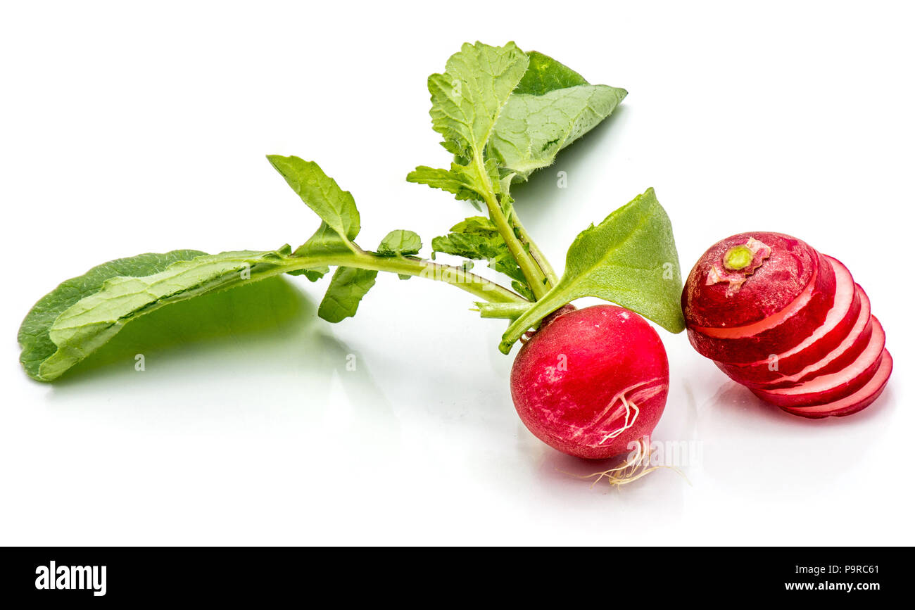 One bulb of red radish with leaves, sliced round circles, isolated on ...