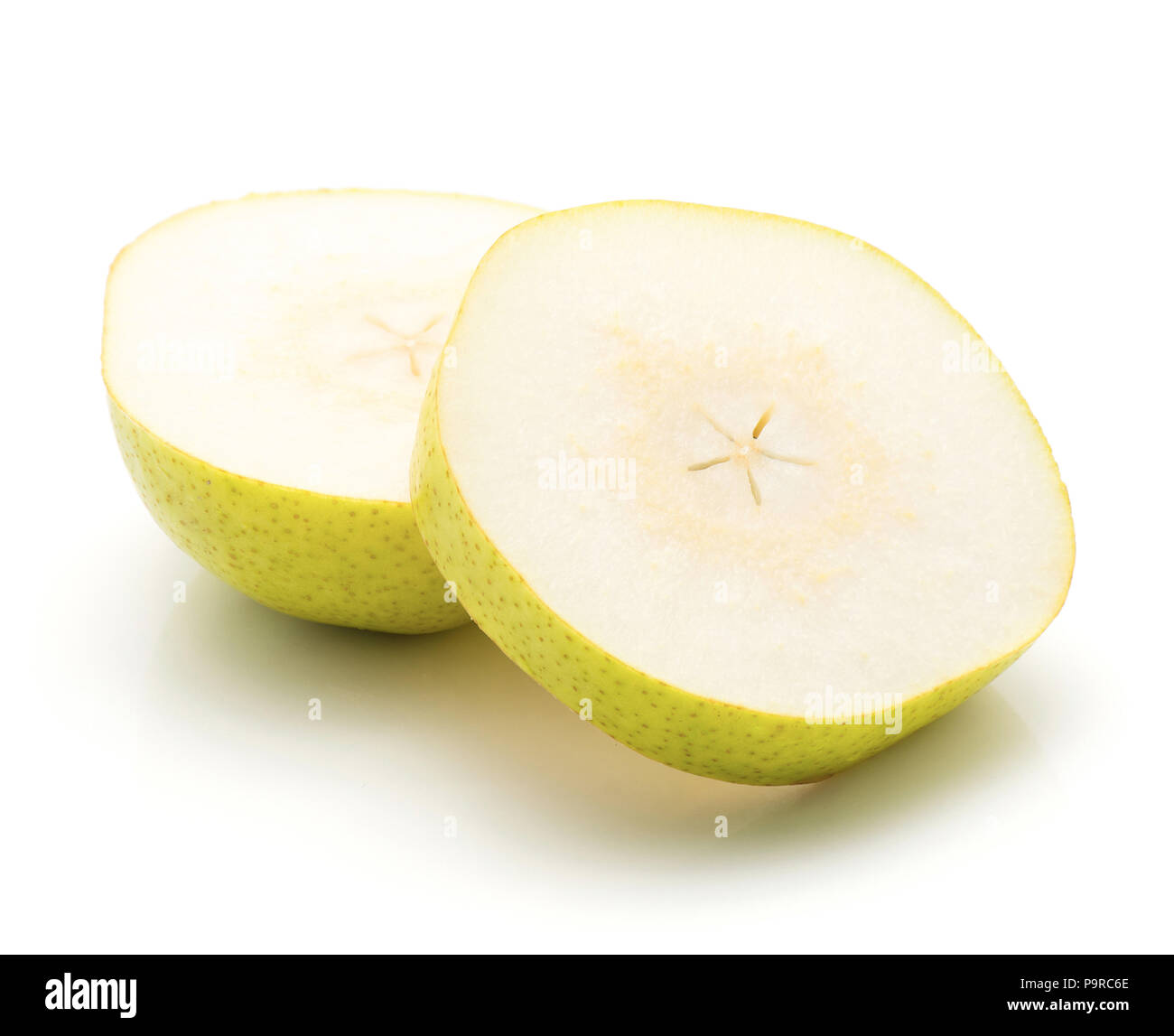 Two green pear sliced circles isolated on white background Stock Photo ...