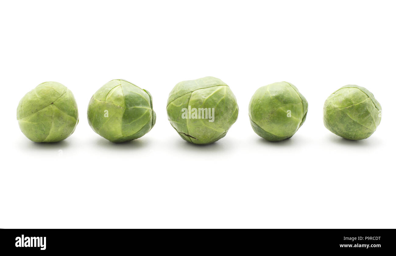 Brussels sprout heads in row isolated on white background five raw and ...