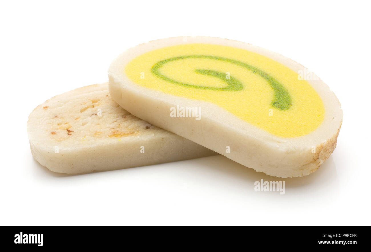 Two marzipan slices isolated on white background pineapple citron and ...