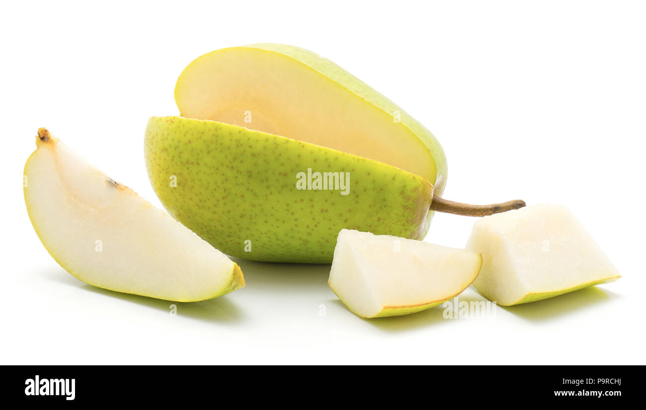 Open green pear with one slice and two pieces isolated on white ...