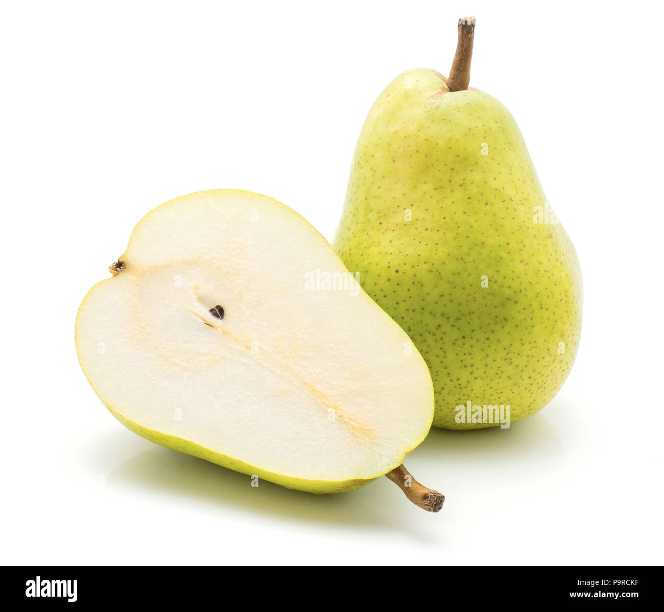 Green pear isolated on white background one whole one cross section ...